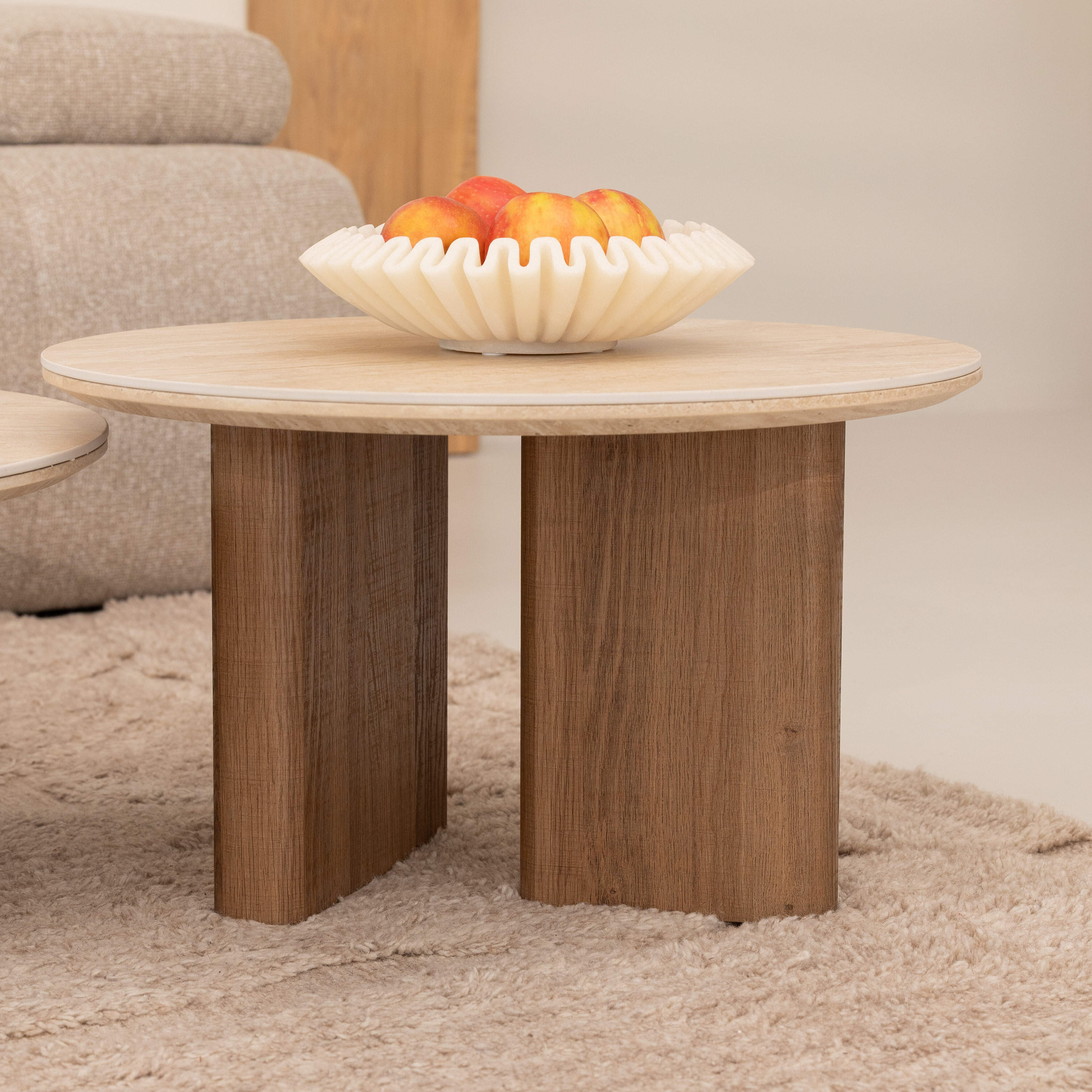 LifestyleFurn Ronde Salontafel Laycie Keramiek in Travertin-look, Set ...